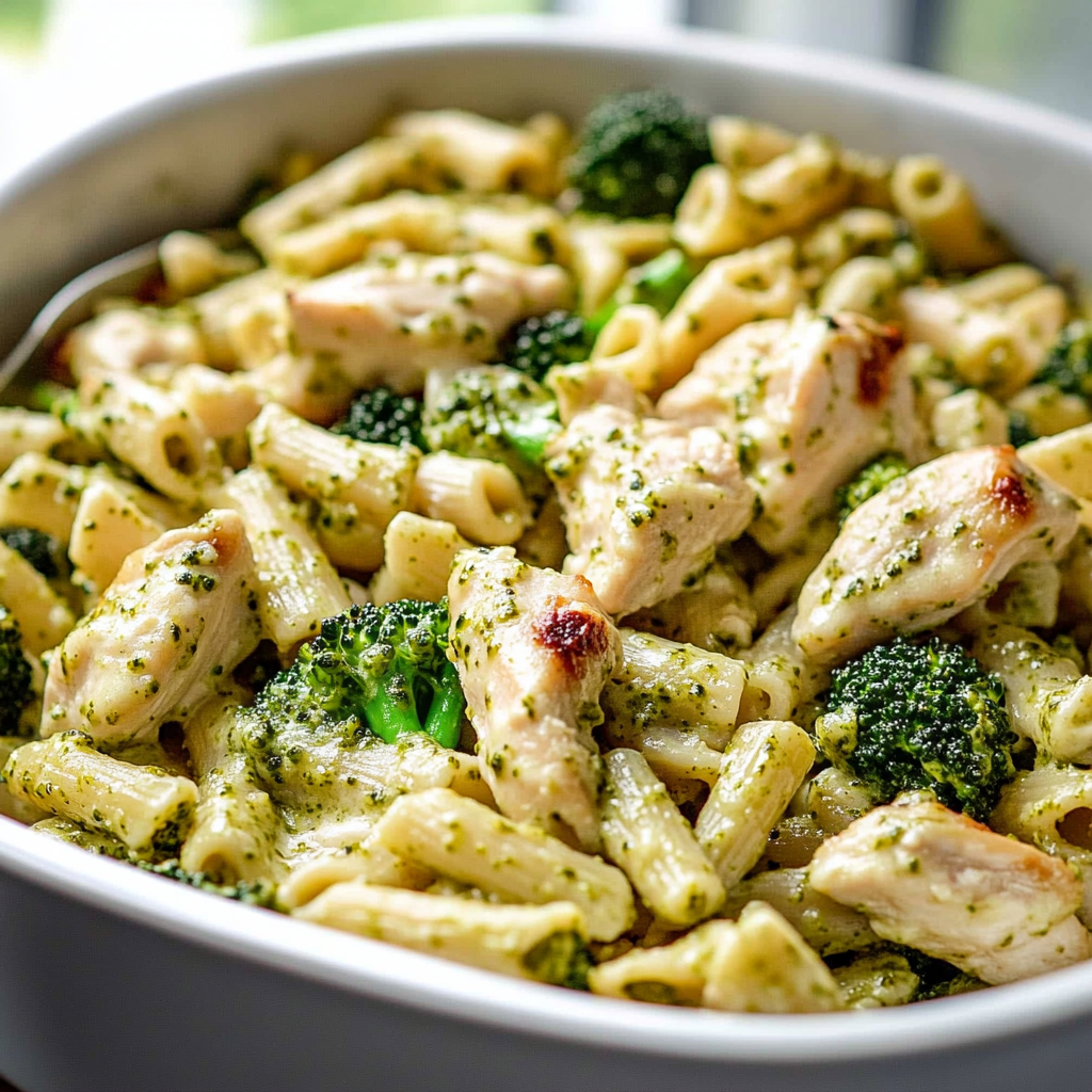 Creamy Pesto Chicken and Broccoli Pasta Bake