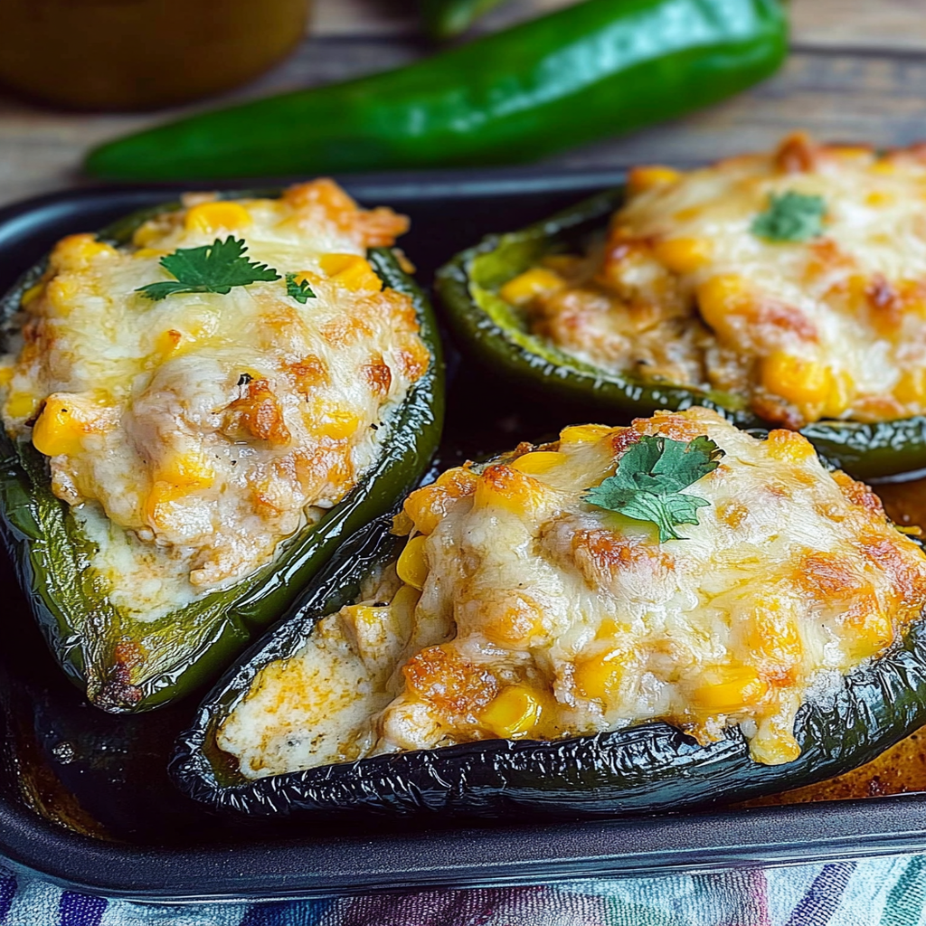 Cheesy Chicken and Corn Stuffed Poblano Peppers