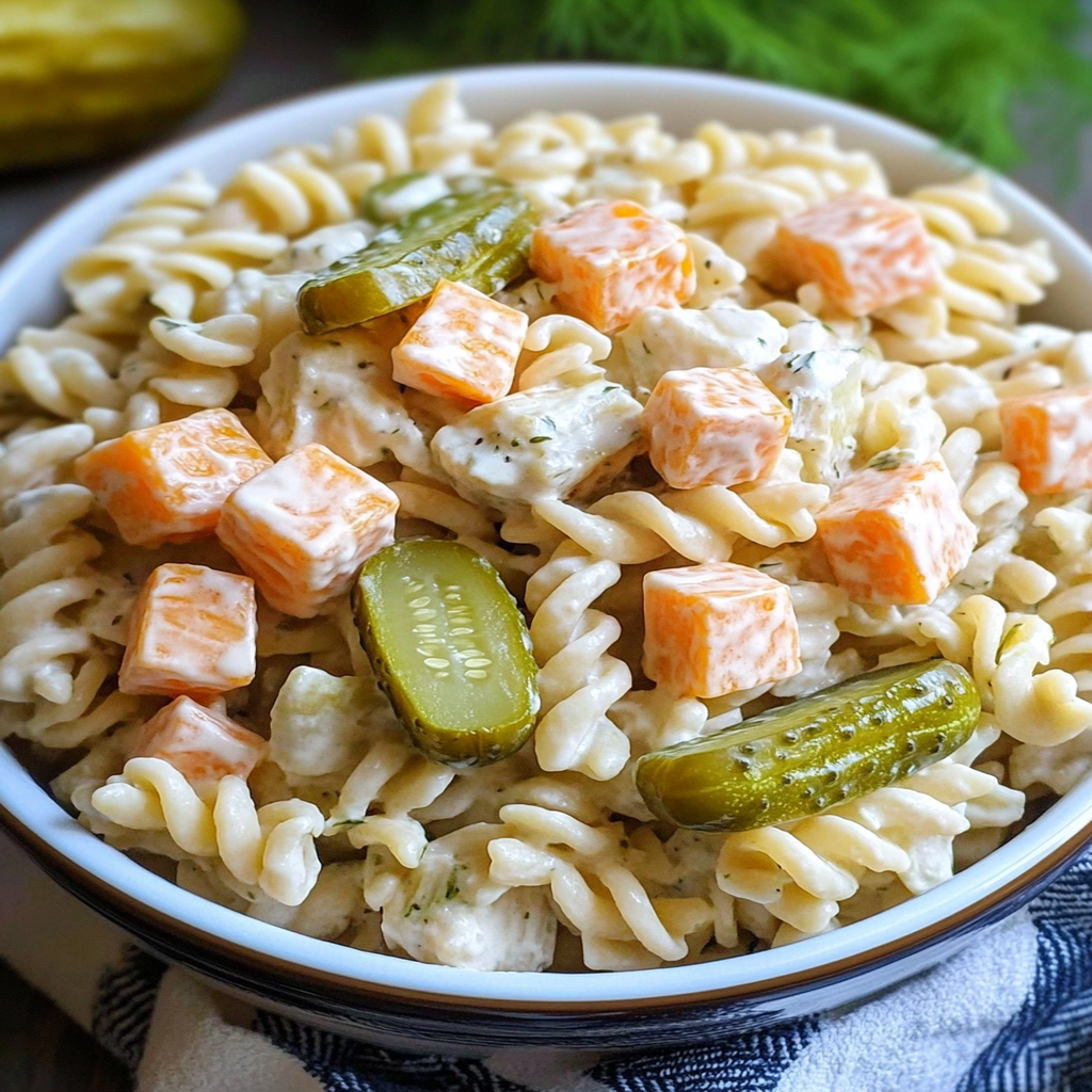 Dill Pickle Pasta Salad with Cheddar Cubes