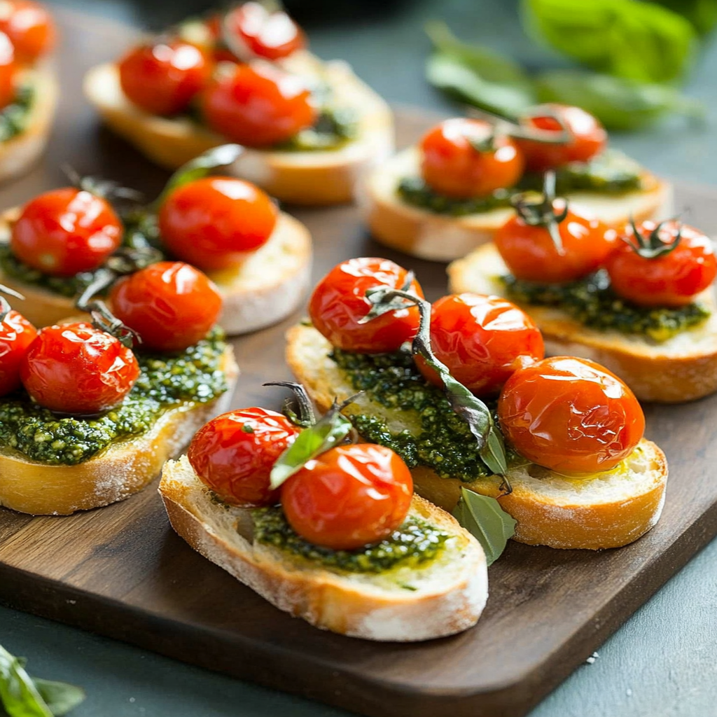 Pesto and Roasted Cherry Tomato Bruschetta