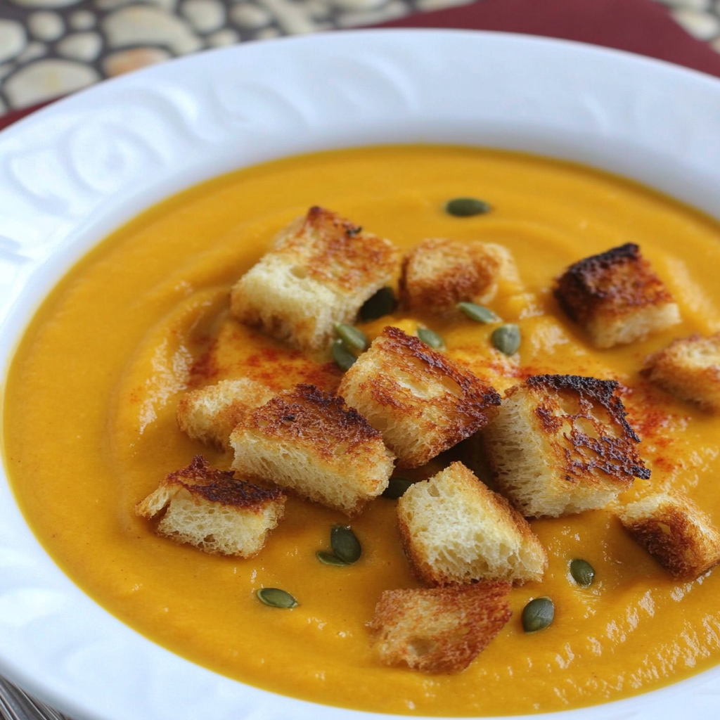 Pumpkin Bisque with Grilled Cheese Croutons