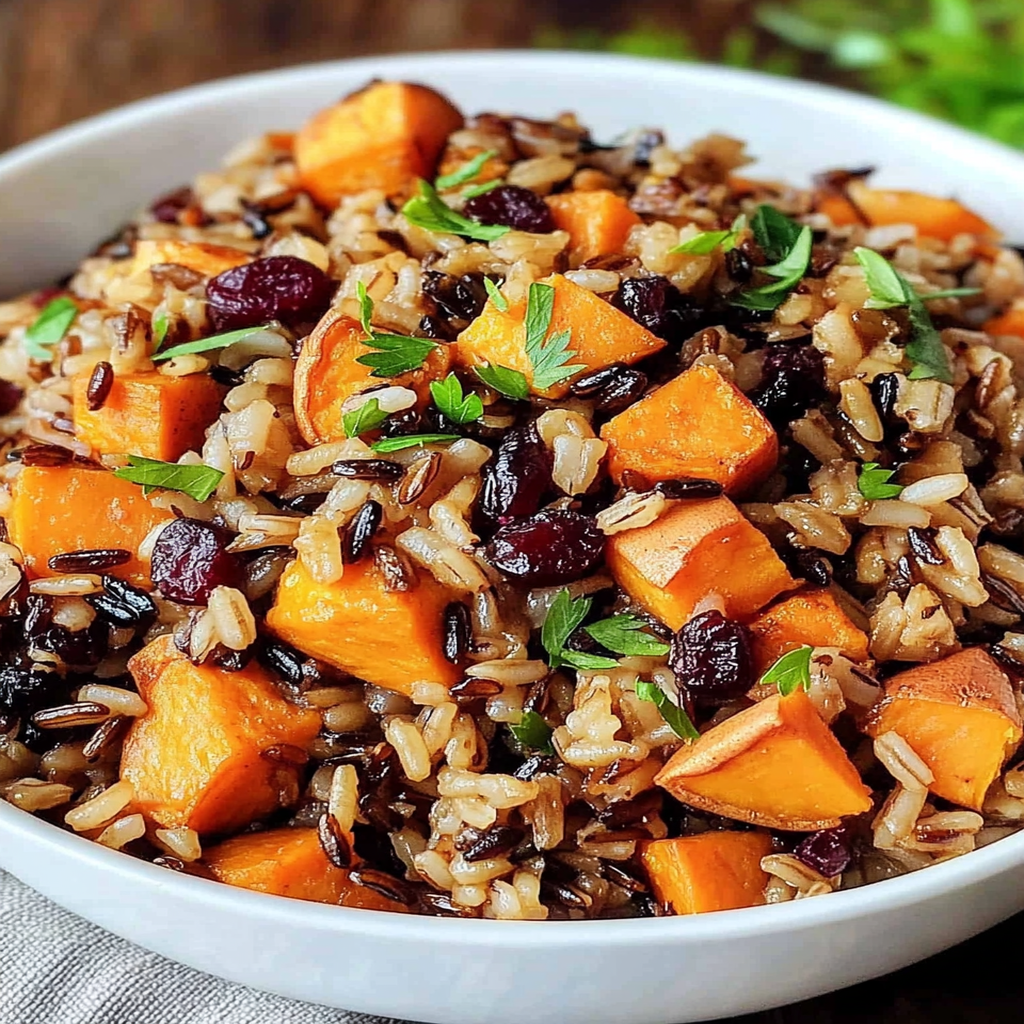 Wild Rice Pilaf with Roasted Sweet Potatoes and Cranberries
